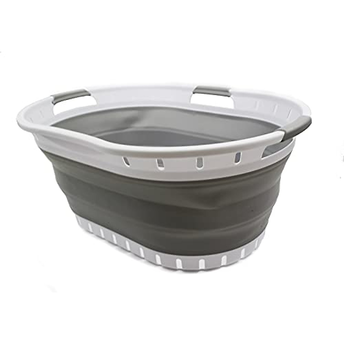 SAMMART 44L Collapsible Plastic Laundry Basket - Foldable Pop Up Storage Container/Organizer - Space Saving Hamper/Basket (1, White/Grey)