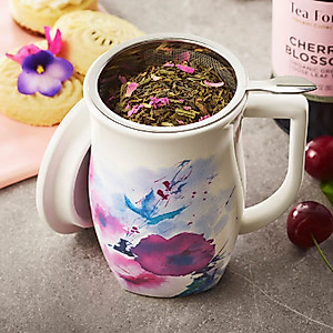 Tea Forte Fiore Ceramic Tea Mug with Infuser and Lid, Verbena Blossom, 14 oz. Ceramic Cup with Handle for Steeping Loose Leaf Teas, Dishwasher & Microwave Safe