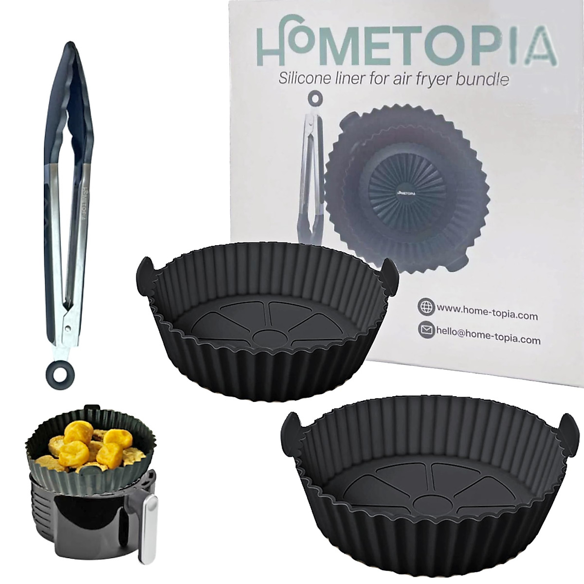 HOMETOPIA (Pack of 3) 2 Air Fryer Silicone Liners 8″&6.5″, 1 Tong, Nonstick & Reusable Baking Tray Oven Accessories, Replacement of Flammable Parchment Paper, Suitable for 3-5 QT Air Fryer (Black)