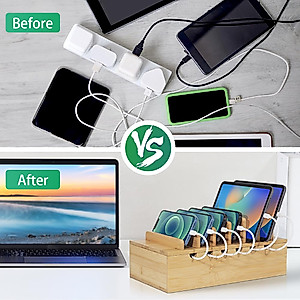 LEOKKARR Bamboo Charging Station for Multiple Devices, Upgrade Desk Docking Stations Organizer for Apple Devices, Wood Charging Cell Phone Holder Stand (Includes 6 Cables) (NO Power Supply)