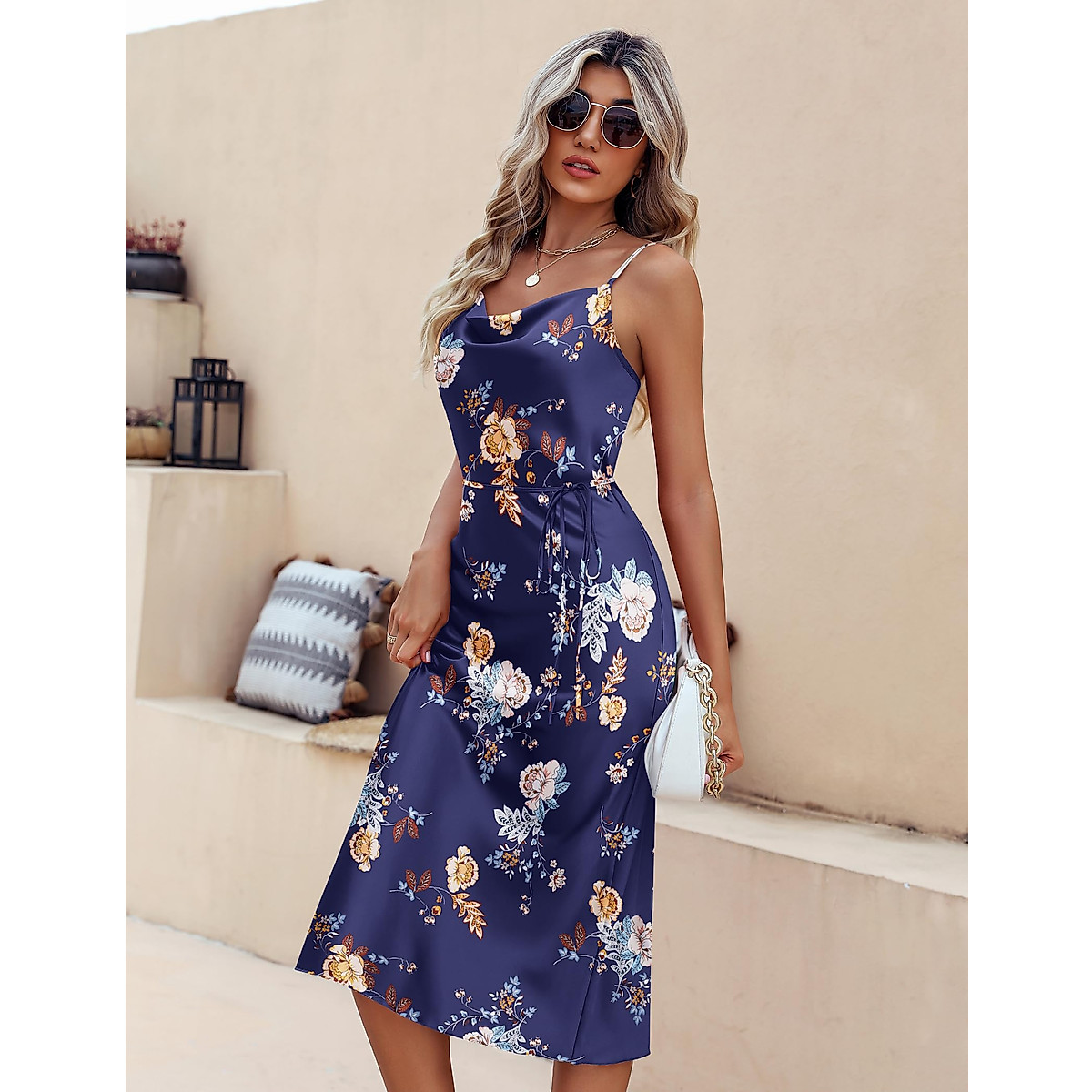 Ekouaer Women Midi Dress Satin Strappy Evening Party Dress Silk Black Cocktail Dress Womens Satin Dress