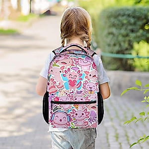 PAKKITOP Axolotl Backpack for Kids Girls, 16" Kawaii Backpack for School, Pink Print Large Capacity Lightweight Bookbag for Students Age 6-8