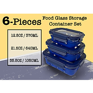 VINGO Glass Food Storage Container with Silicone Sleeve and Leak Proof Airtight Lids, Rectangular shape - 6 Pc Set (3 Containers - 3 Matching Lids) Blue