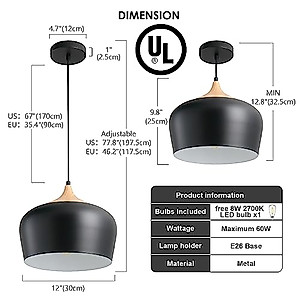 KARMIQI Farmhous Pendant Lights LED Bulb Included Black Pendant Lights Kitchen Island with Metal and Faux Wood Shade, Pendant Hanging Light Fixtures for Kitchen, Dining Room, Living Rooms,Hallway