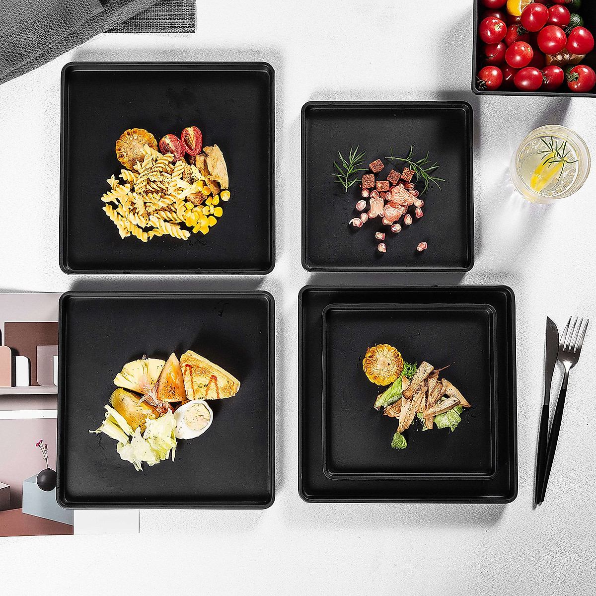 Yinshine Melamine Dinnerware Sets - 12pcs Square Plates and Bowls Set, Dishes Set, Black