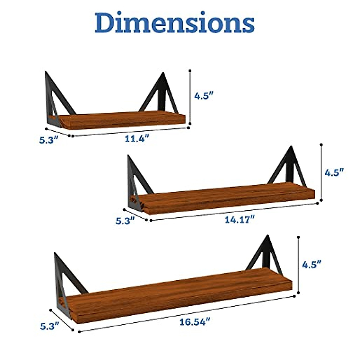 Halter Wall Book Shelves for Bedroom, Small Wall Shelf, Mounted Floating Wall Shelving, Hanging Shelves with Angle Brackets, Wall Shelves for Bedroom, Bathroom, Kitchen, Dark Brown,Set of 3
