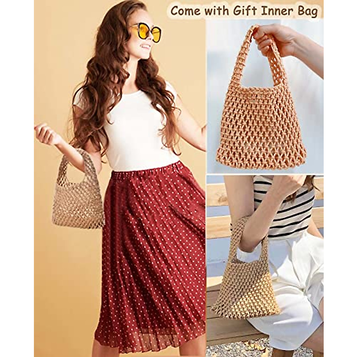Hand-woven Soft Tote Crochet bag Cotton Rope with Leather Base Net Bag Boho Purse Wovens Bag