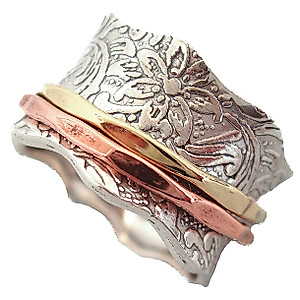 ENERGY STONE 925 Sterling Silver BALANCE & BEAUTY Meditation Spinner Ring Brass & Copper Spinners Leaf Pattern Base Ring (Style USA88)