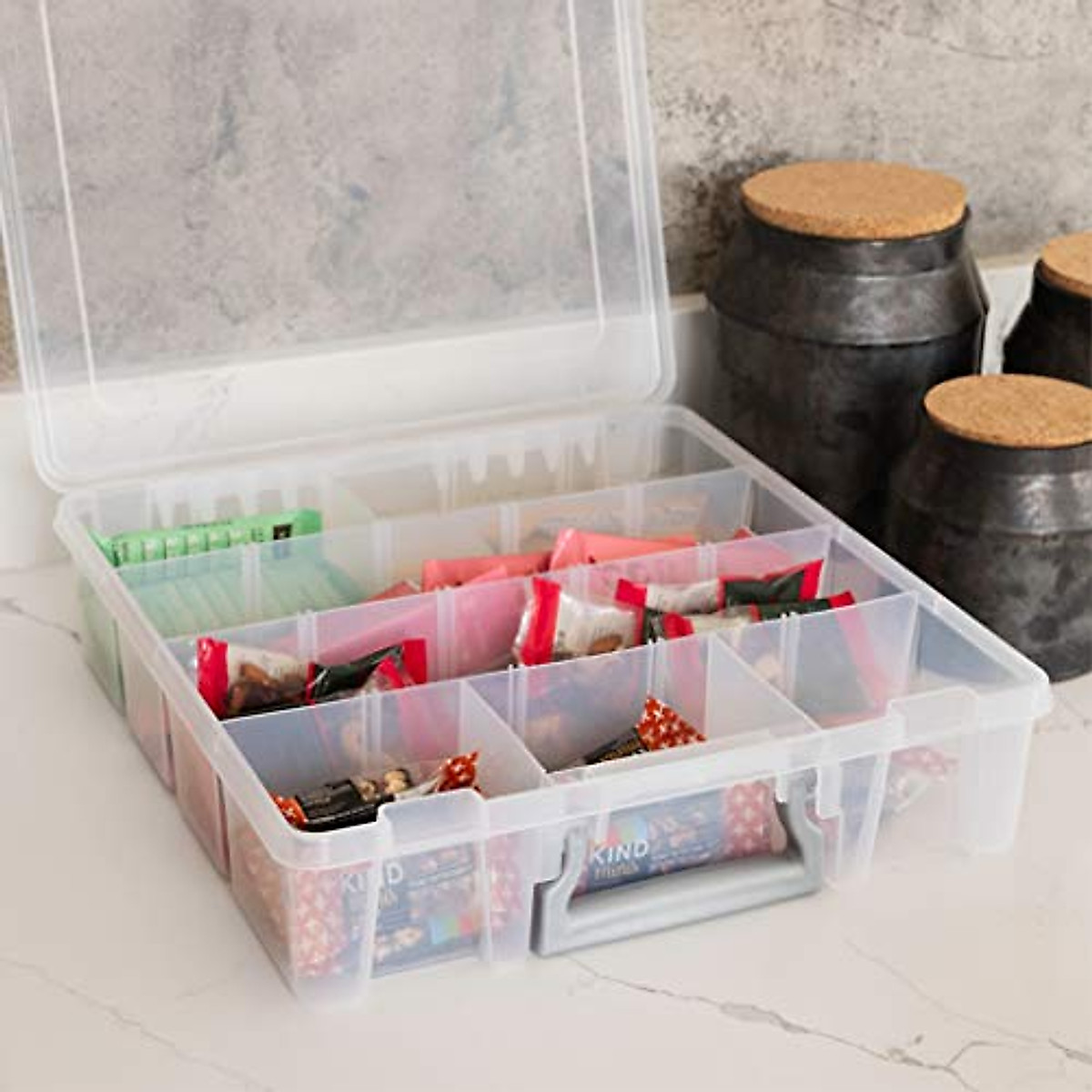 AB Designs 6823ABD Super Satchel with Removable Dividers, Stackable Home Storage Organization Container, Clear with Sliver Latches and Handle