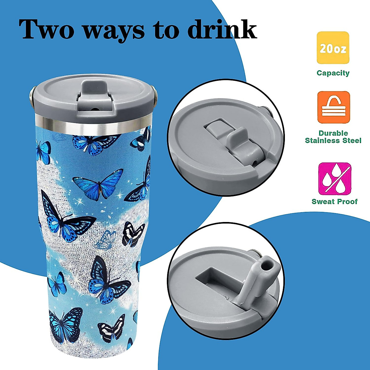 Butterfly Tumbler with Handle and Straw, Stainless Steel Vacuum Insulated Flip Straw 30 oz Blue Butterfly Tumbler Spill Proof Coffee Travel Mug Butterfly Gifts