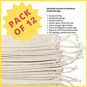 100 Percent Cotton Muslin Drawstring Bags 12-Pack For Storage Pantry Gifts (5 x 7 inch - 12 pack, Beige)