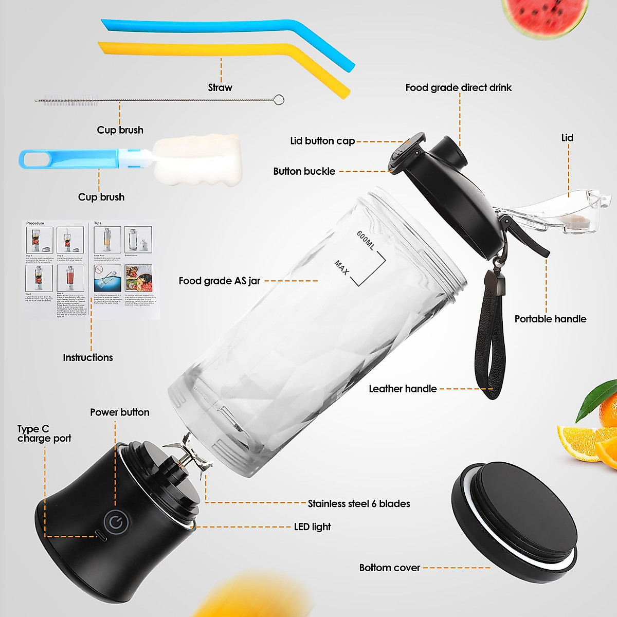 Portable Blender, Blender for Shakes and Smoothies, 20 Oz Rechargeable USB Personal Blender, Mini Blender with 6 Blades, Multifunctional and BPA Free Blender Bottle–Sports/Travel/Home/Gym/Office