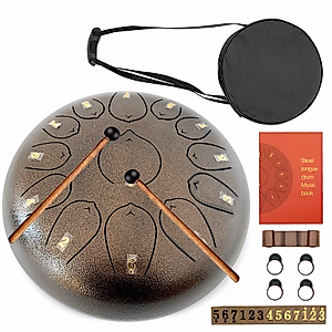 Sidasu Steel Tongue Drum 13 Notes 12 Inches Percussion Instrument Handpan Drum with travel Bag Music Book Mallets steel tongue drum stand（ 13 Notes 12 Inches, Bronze）