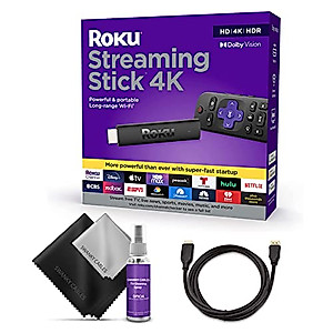 Roku Streaming Stick 4K 2021 Streaming Device with Roku Voice Remote and TV Controls 4K/HDR/Dolby Vision & Bundle Swanky Cables HDMI Cable and TV Cleaning Kit