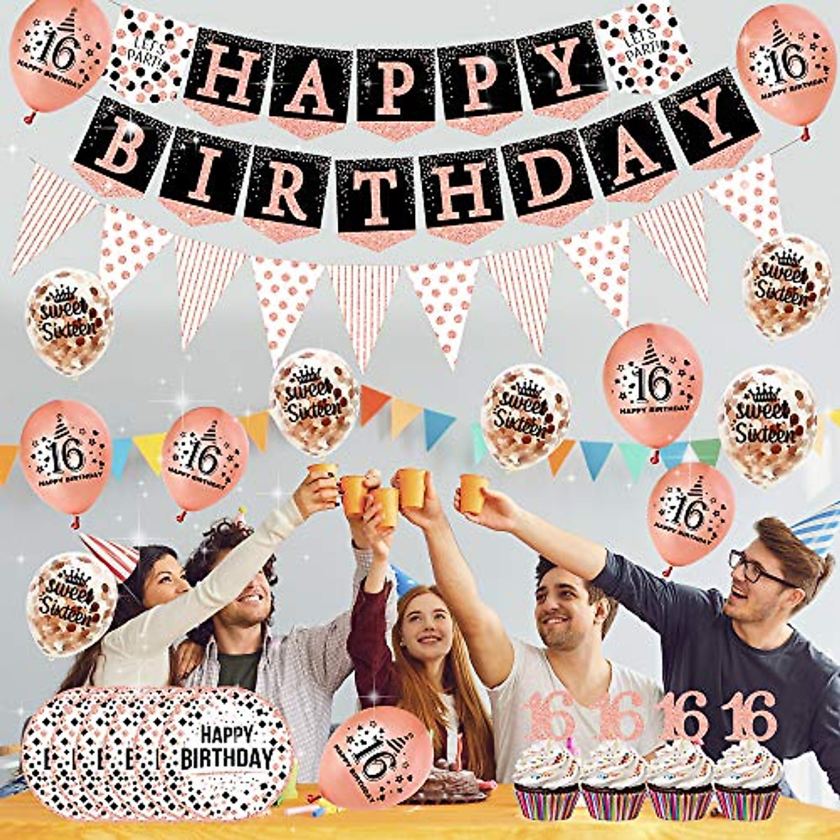 Sweet 16 Birthday Decorations Girls - (76pack) Rose Gold Party Banner, Pennant, Hanging Swirl, Birthday Balloons, Foil Backdrops, Cupcake Topper, Plates, Photo Props, Sash, Happy 16th Birthday Gifts