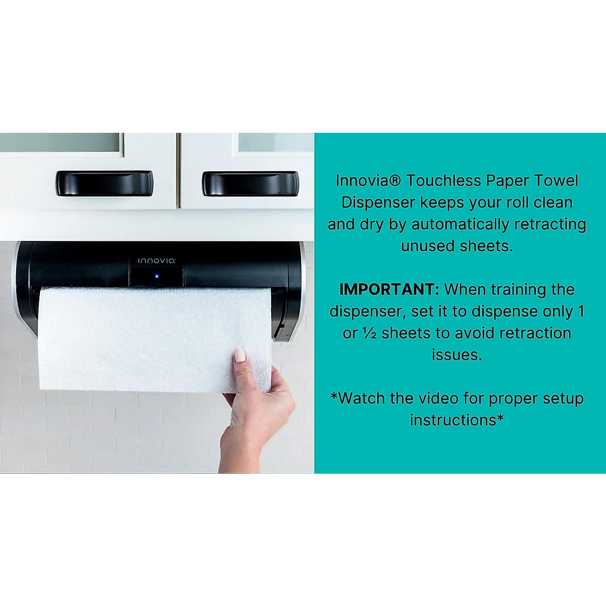 Innovia Automatic Paper Towel Dispenser. Touchless Technology. Works with Most Paper Towel Brands and Sizes. Dispenses The Number of Sheets You Need. Black, Under Cabinet Mounted.