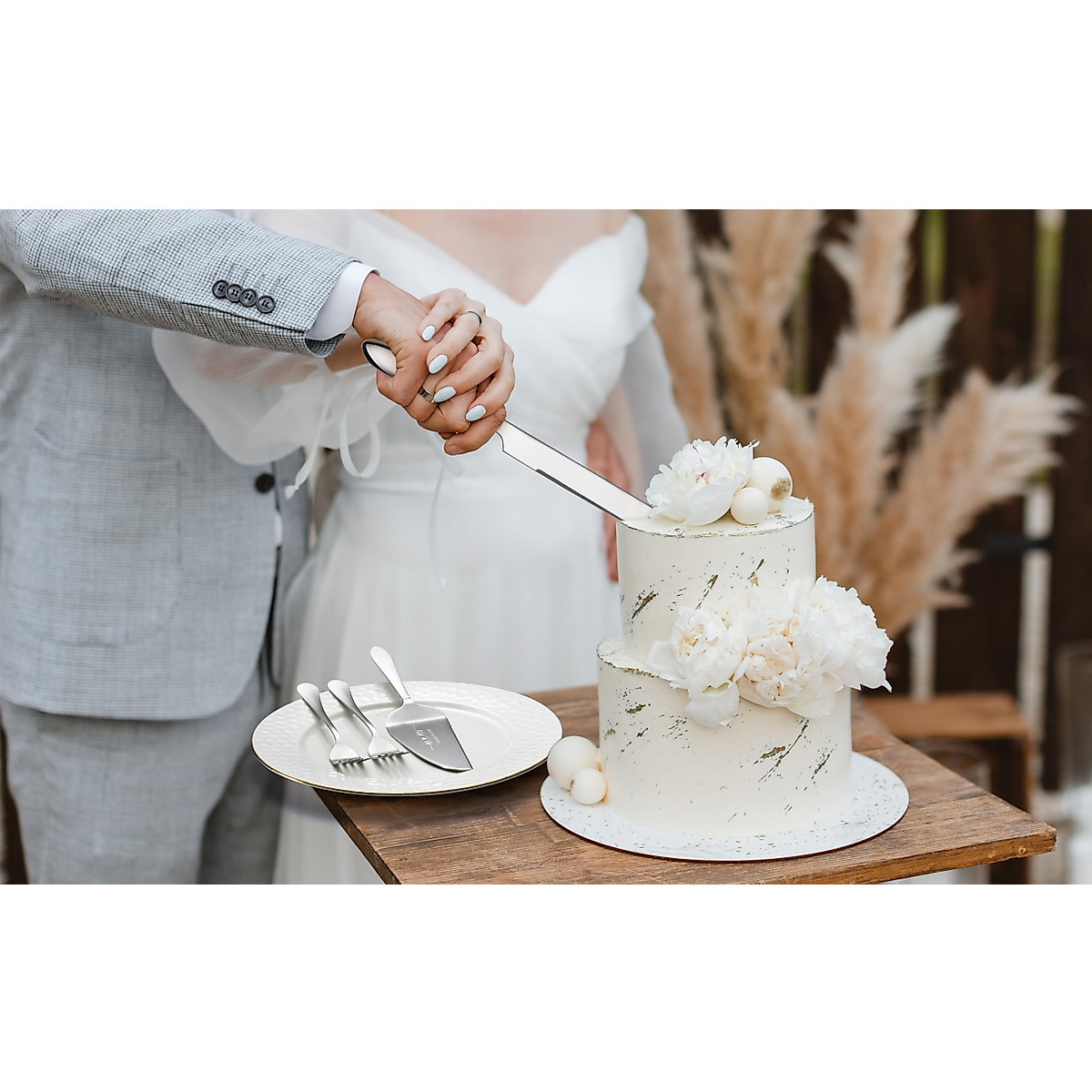ROXBURGH Wedding Cake Knife and Server Set, Engraved Mr and Mrs Silver Forks Cake Cutting Set Pie Dessert Servers for Wedding Anniversary Bridal Shower Engagement