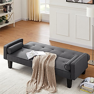 71.65" Linen Upholstered Futon Loveseat Convertible Sleeper Couch Bed W/Throw Pillows,Compact Foldable Sleep Recliner Sofa,2 Seaters Love Seat with Reclining Backrest to Napping Daybed