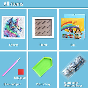 AyuqEjus 5D Diamond Painting Kits for Kids with 7.1"X7.1"Wooden Frame, Diamond Art for Kids Ages 6-12 by Number Kits DIY Painting Arts and Crafts,Diamond Dots for Kids Gift (cat-Butterfly)