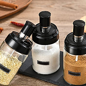 Kitchen Clear glass Spice Jars Seasonning Box Set of 4 with Spoons, Seasoning Containers Bottles with Black Cap,10oz for Home and Kitchen (4)