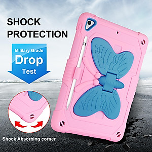 VOFUOE for iPad 6th/5th Generation Case with Screen Protector for iPad 9.7 Case 2018 2017 Butterfly Stand Strap Dolls Pencil Holder Kids Girls Hard Cover for iPad Pro for iPad Air 2th 9.7''-Pink Blue