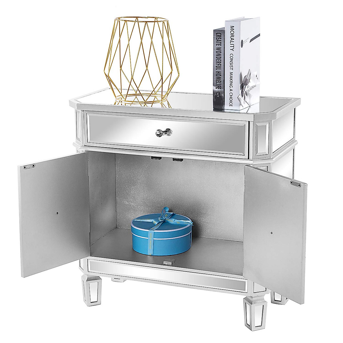 VINGLI Mirrored Cabinet, Mirrored Nightstand, Mirrored Dresser Accent Chest, Large Mirror Nightstand with 1 Drawer and Two Doors, 27.5”W x 13.4”D x 27.5”H, Mirror