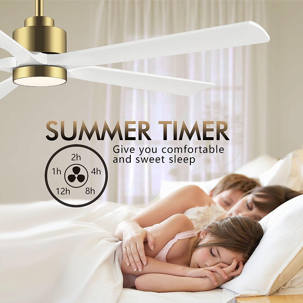 ELEHINSER 60" Modern Ceiling Fan with Lights and Remote Control, 5 Solid Wood Blades 6-Speed Noiseless Reversible DC Motor, Ceiling Fan for Bedroom Dinning Living Room, Gold Finish with White Blade