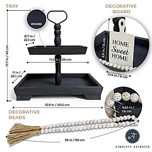 Pine Wood Tiered Tray - 2 Tier Tray - Farmhouse Tiered Tray - Two Tiered Tray - Island Decorations for Kitchen - 2 Tiered Tray Stand with 39" Beads and Home Sweet Home Sign (Black)
