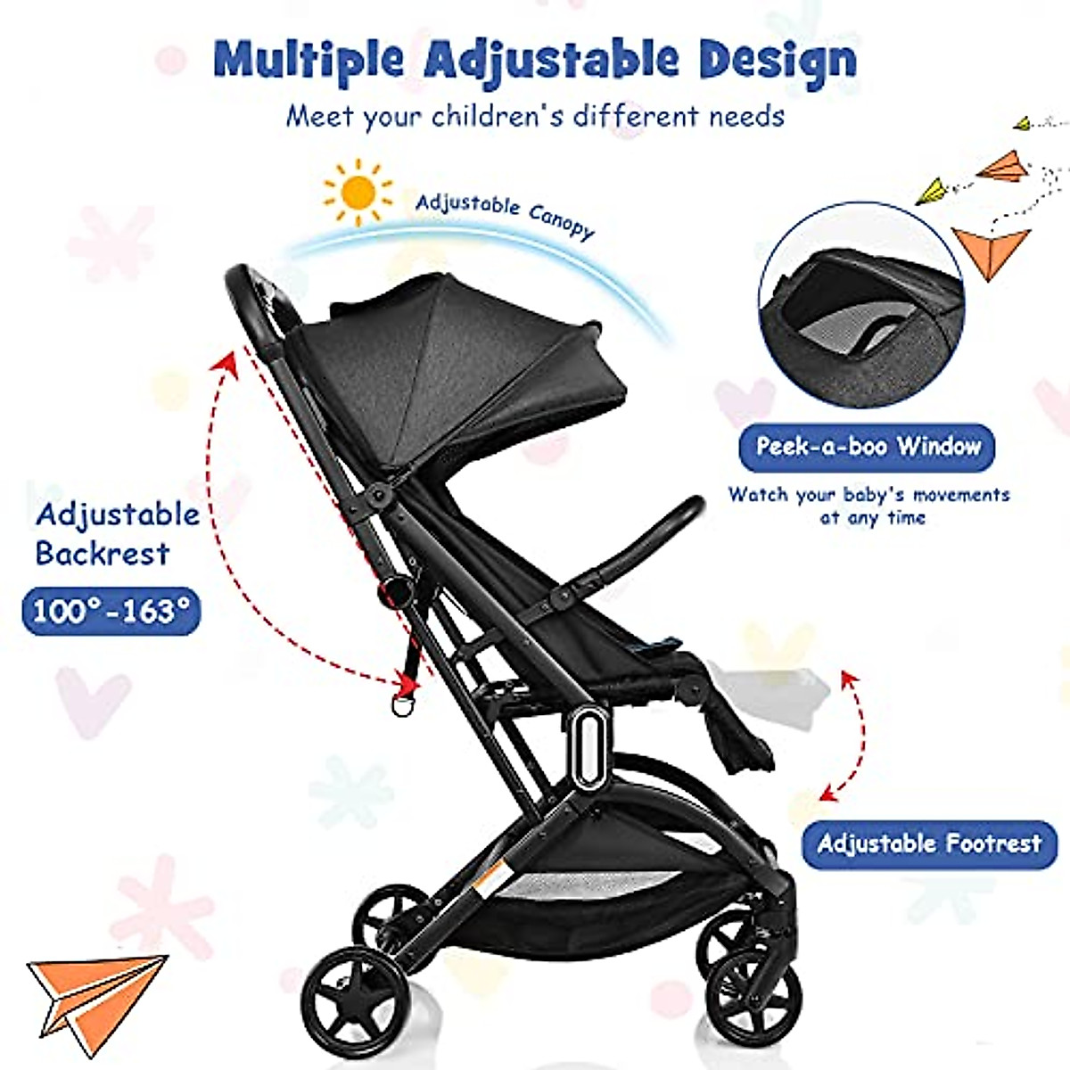 BABY JOY Lightweight Baby Stroller, Infant Stroller w/Easy One-Hand Fold, Adjustable Backrest/Footrest/Canopy, 5-Point Harness & Storage Basket, Compact Toddler Travel Stroller for Airplane (Black)