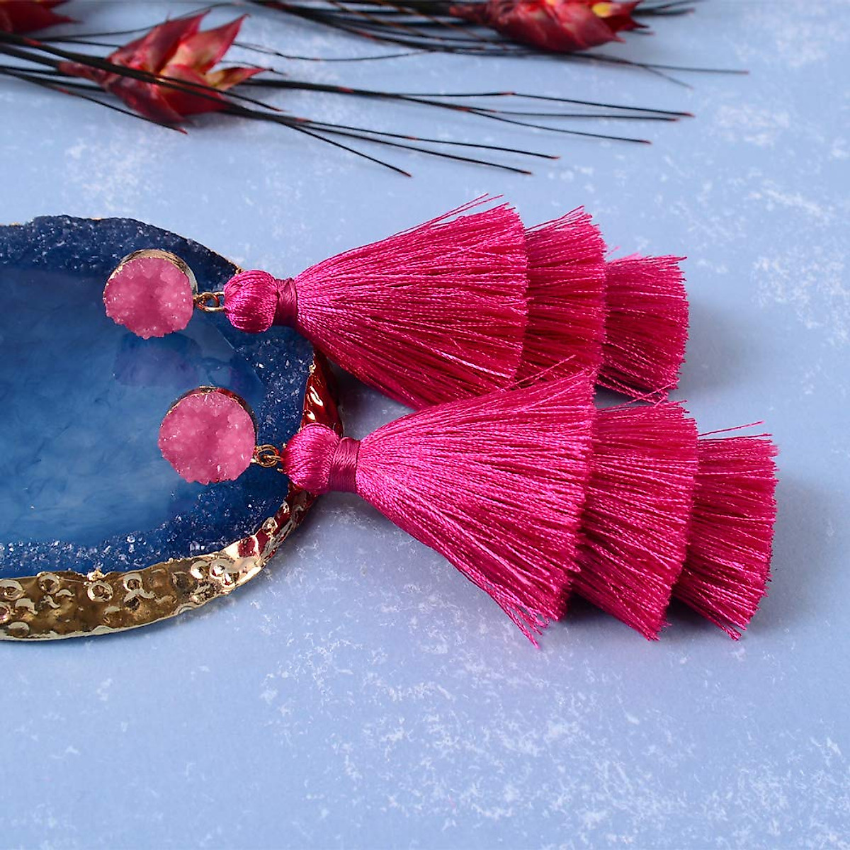 Hot Pink Layered Tassel Bohemian Drop Dangle Earrings, Handmade Druzy Stud Holiday Festive Costume Earrings Gift for Women Mother's Day (Three-Shocking Pink)