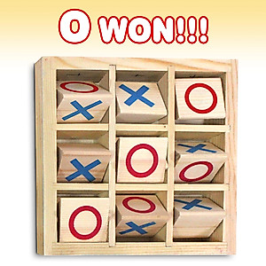 Gamie Wooden Tic-Tac-Toe Game, Small Travel Game with Fixed Spinning Pieces, Classic Wood Game for Kids, Fun Indoor Game Night Activity for Boys and Girls