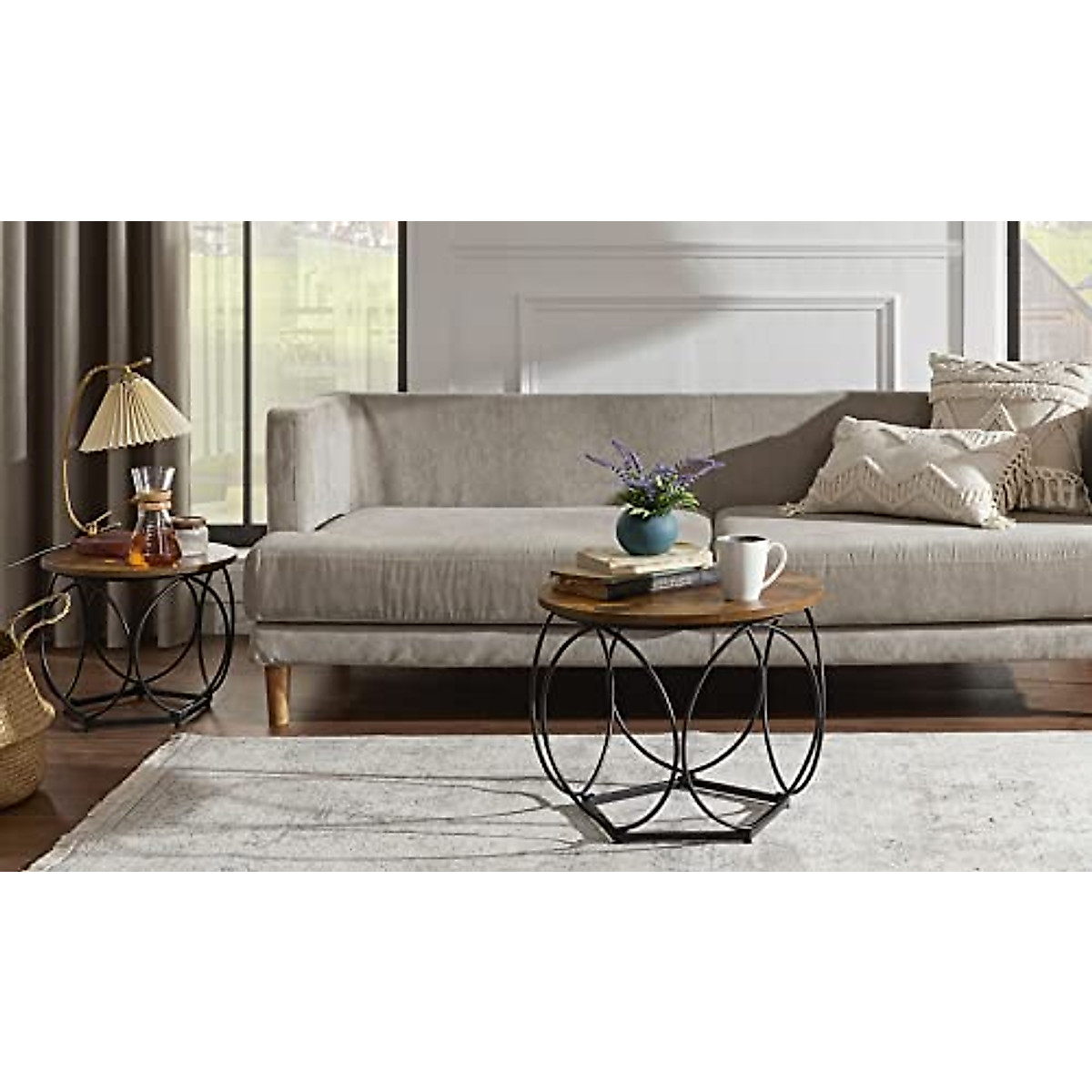 Round Coffee Table, Modern Coffee Table Set of 2 Wooden Surface with Metal Frame, Small Side Table, End Table for Living Room, Bedroom, Home Office, Farmhouse, Rustic Brown and Black