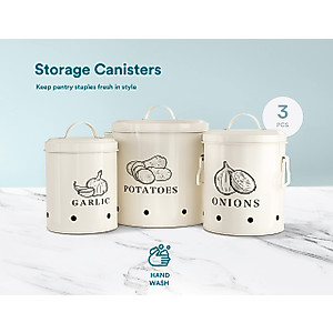 KooK Potato, Onion & Garlic Kitchen Storage Canisters, Rustic Farmhouse Containers with Aerating Holes, Vintage Vegetable Tins, Set of 3, 5 Liter, 2 Liter & 1 Liter (Coconut Cream)