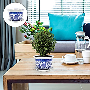 GANAZONO Ceramic Planter Blue and White Planter Flower Pots with Tray Porcelain Bonsai Pot Plant Container Planter for Home Office