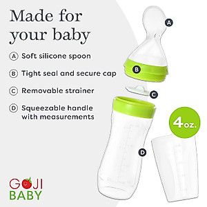Goji Baby – Baby Food Dispensing Spoon – Mess-Free Feeding – Silicone Baby Food Dispenser for 4+ Months – Precise Food-Release Bottle Spoon Feeder – Straining Baby Squeeze Spoon (Green, 4 Pack)