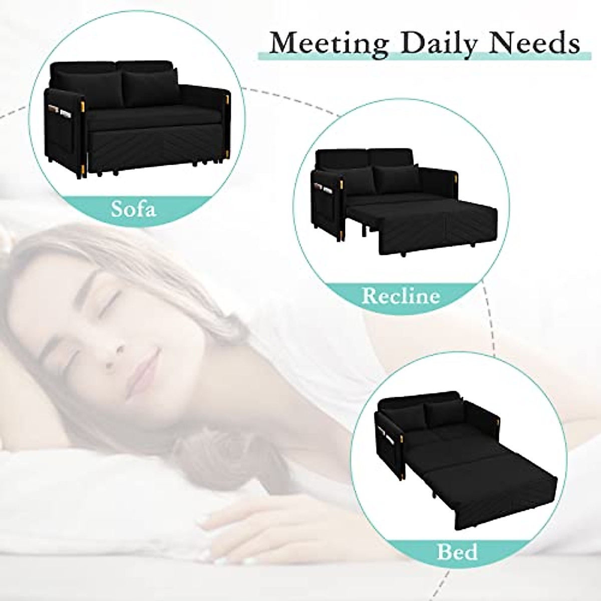 CALABASH Sofa Bed,Pull Out Couch Bed Sleeper Sofa,54" Modern Convertible Velvet Loveseat with 2 Pillows and Side Pockets, Small Love seat Sofa Bed w/Headboard for Living Room, Apartment (Black)