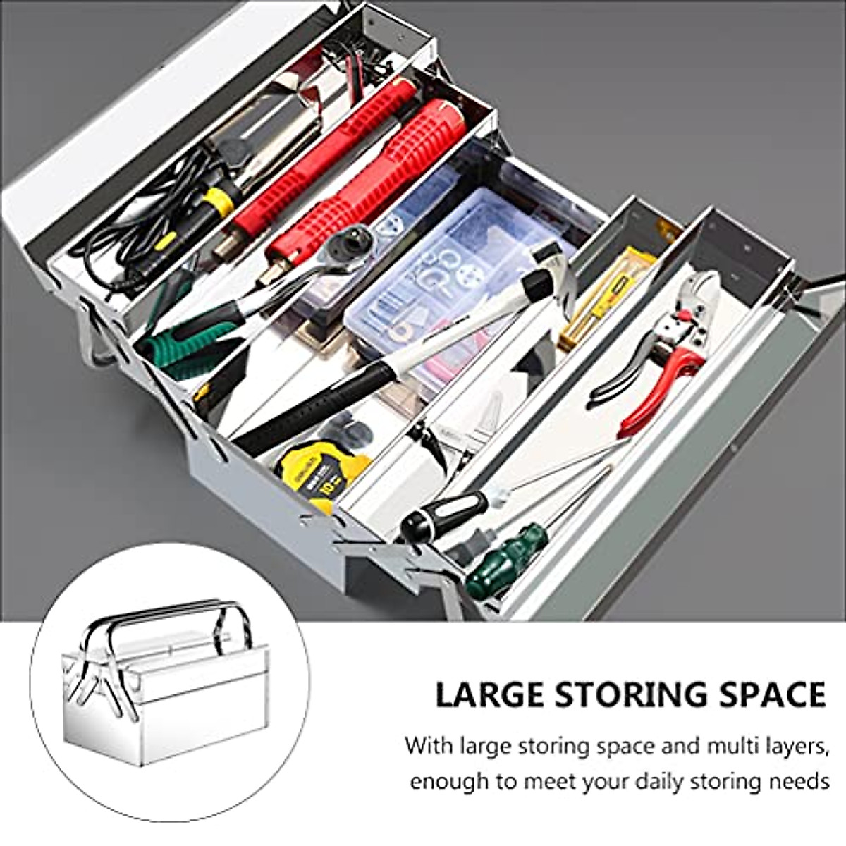 Angoily Stainless Steel Toolbox with 2 Folding Trays Multipurpose Organizer Portable Handled Storage Case Household Metal Sewing Box Organizer for Art Craft