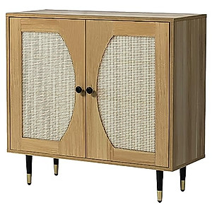 4ever2buy Rattan Buffet Cabinet Sideboard with Storage, Kitchen Accent Cabinet with Woven Natural Rattan Doors, Entryway Cabinet with Adjustable Shelves，Console Tables for Living Bedroom Dining Room