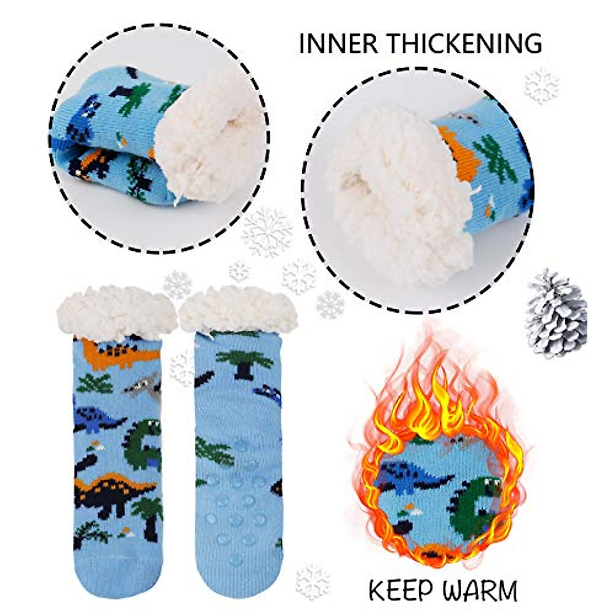 Winter Fuzzy Slipper Socks Kids Girls Boys Fluffy Sherpa Fleece Lined Holiday Christmas Cabin Thermal Warm Soft Cozy Toddler Gripper Non Skid Dinosaur, Stocking Stuffers for Children, Gift for Baby