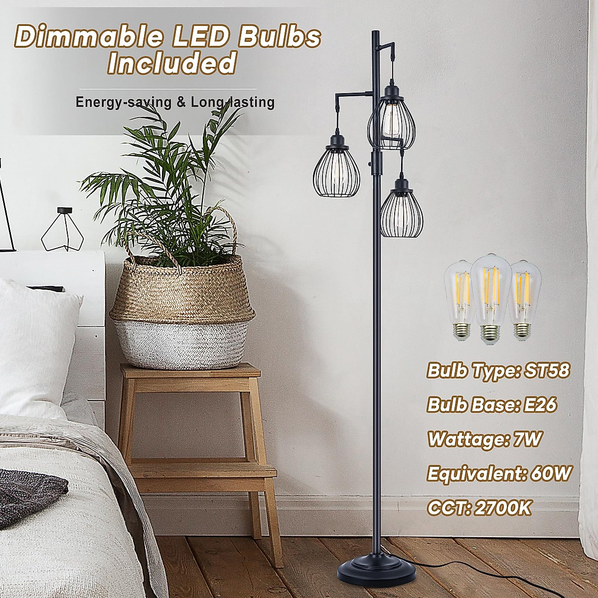 DYLBRIHOM 68.5” Dimmable Floor Lamp, Industrial Farmhouse Floor Lamps with Elegant Teardrop Cages, Rustic Floor Lamps Black Tall Vintage Pole Lamps for Living Room Bedroom Office, 3 LED Bulbs Included