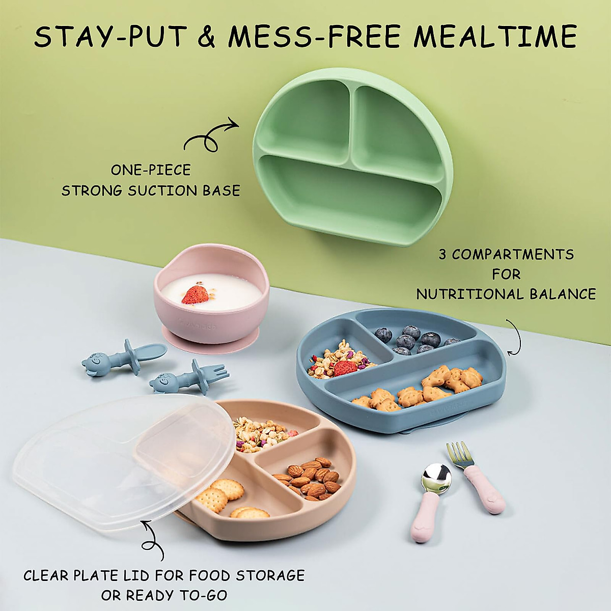 Vivalada Silicone Baby Feeding Set - 12PCS Baby Led Weaning Supplies, Baby Suction Plate with Lid and Bowl Set, Baby Self Feeding Spoons Forks Sippy Cup and Bib, Baby Eating Set 6+ Months (Pink)