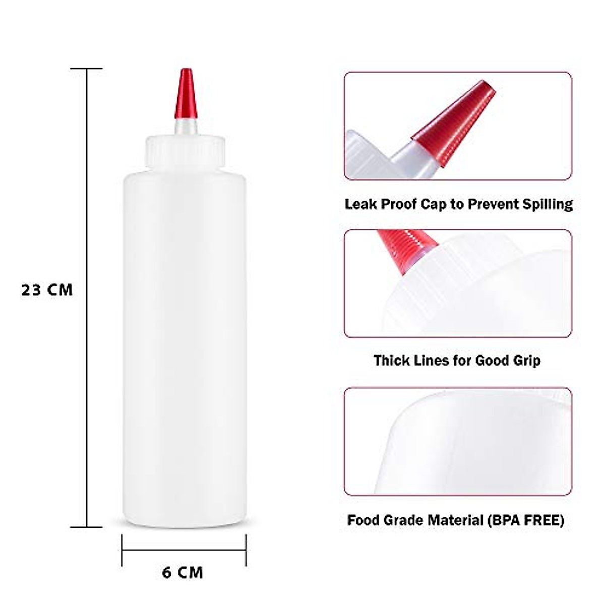 BOTTLIFY 16oz Squeeze Bottles with Red Cap-Pack of 2 Wide Mouth, Leak Proof Refillable Condiment Container for Kitchen Use