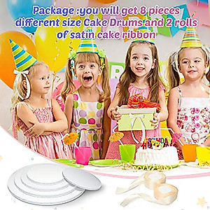 8 Pieces Cake Drums Round Sturdy White Cake Drum with 2 Pieces Satin Cake Ribbon for Heavy or Multi-Tiered Cakes (6, 8, 10, 12 Inch)