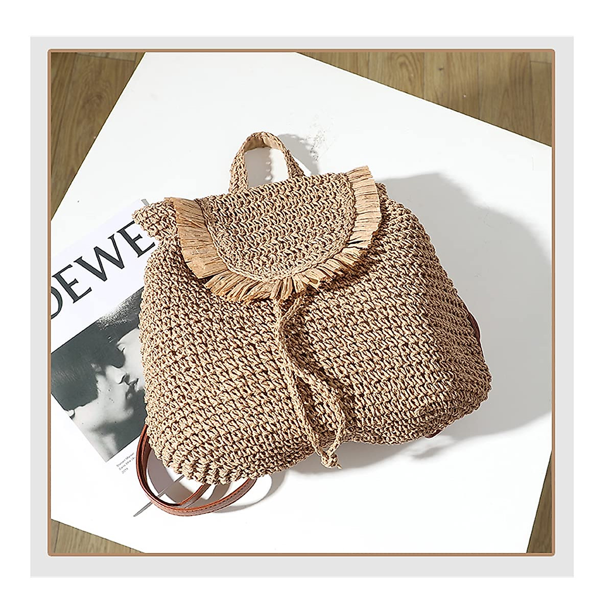 Erichman Women Fashion Straw Handmade Crochet Backpack Flap Drawstring Shoulders Bag Casual Beach Daypack (Brown,One Size)