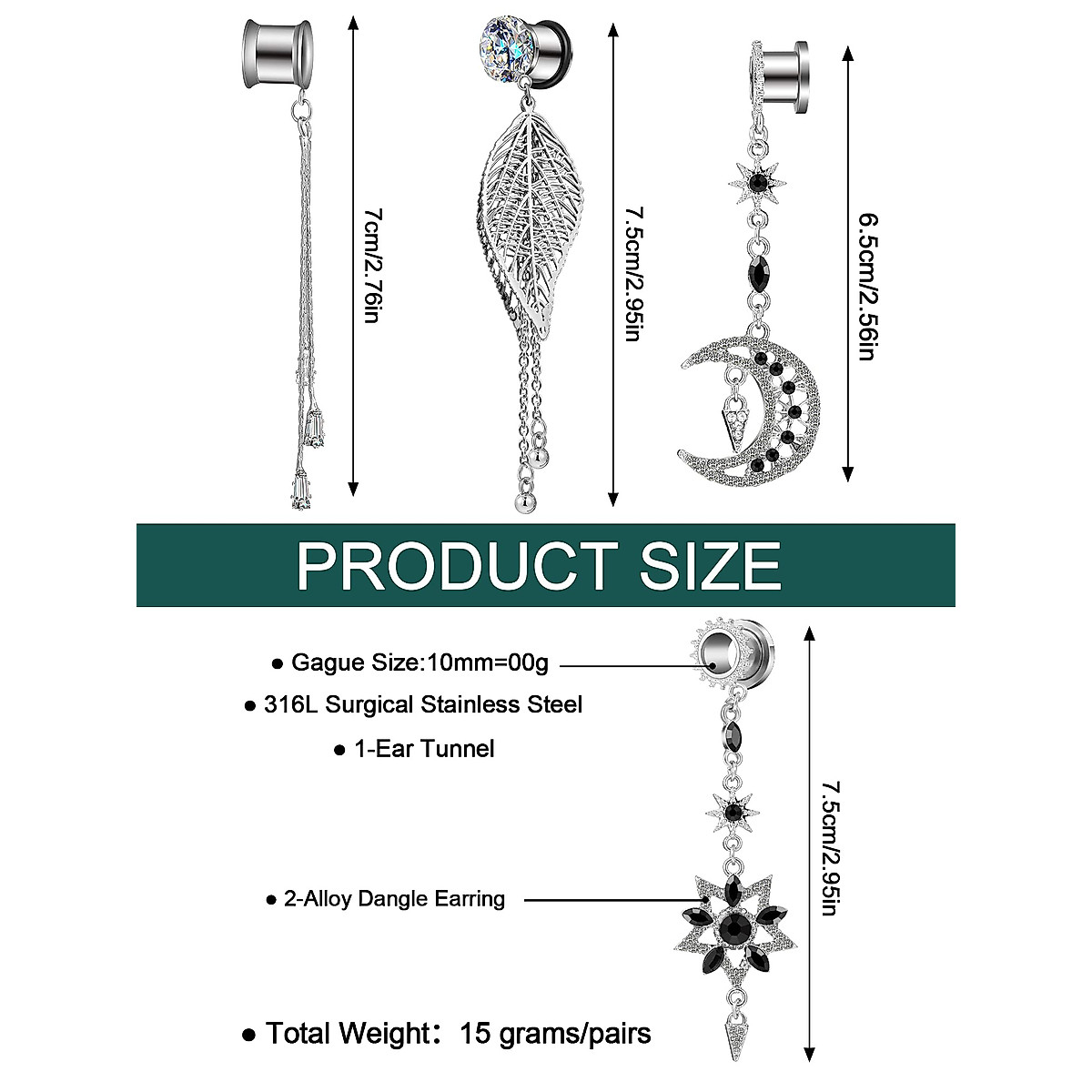 Loviflower 4 Pairs 10 mm Gauges Dangle Chain Tunnels Leaf Moon Star Dangle Ear Tunnel Plugs