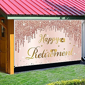 Happy Retirement Party Banner Backdrop Decorations for Women, Pink Rose Gold Retirement Theme Party Supplies, Extra Large Retired Party Photo Booth Poster Background Sign Decor
