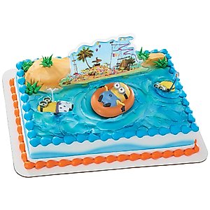 DecoSet® Despicable Me Beach Party Minions Cake Topper, 4-Piece Set with Keepsake Minion Figure, 2 Layon Picks,1 Laydown Image, Create Fun Cakes or Cupcakes, Food Safe