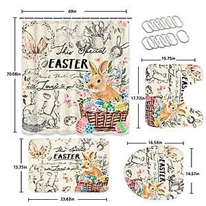 4 Pcs Easter Shower Curtain Sets with Non-Slip Rugs, Toilet Lid Cover, Bath Mat and 12 Hooks, Pink Rose Bunny Rabbit and Easter Eggs Spring Shower Curtains for Easter Day Bathroom Decoration