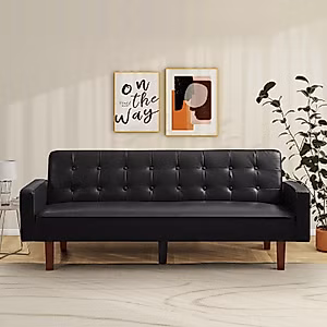 IULULU Futon Sofa Bed, Modern Convertible Faux Leather Sleeper Couch with Armrests for Studio, Office, Apartment, Compact Living, Game Room, Overnight Guests, Black