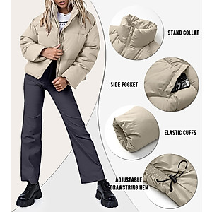 URMOSS Women's 2024 Winter Cropped Puffer Jacket Long Sleeve Stand Collar Oversize Lightweight Zip Up Short Down Coat with Pockets(Khaki,M)